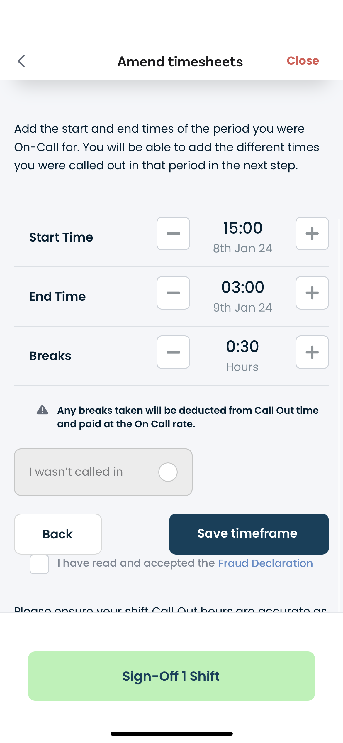 How do I request sign off for on call shifts?