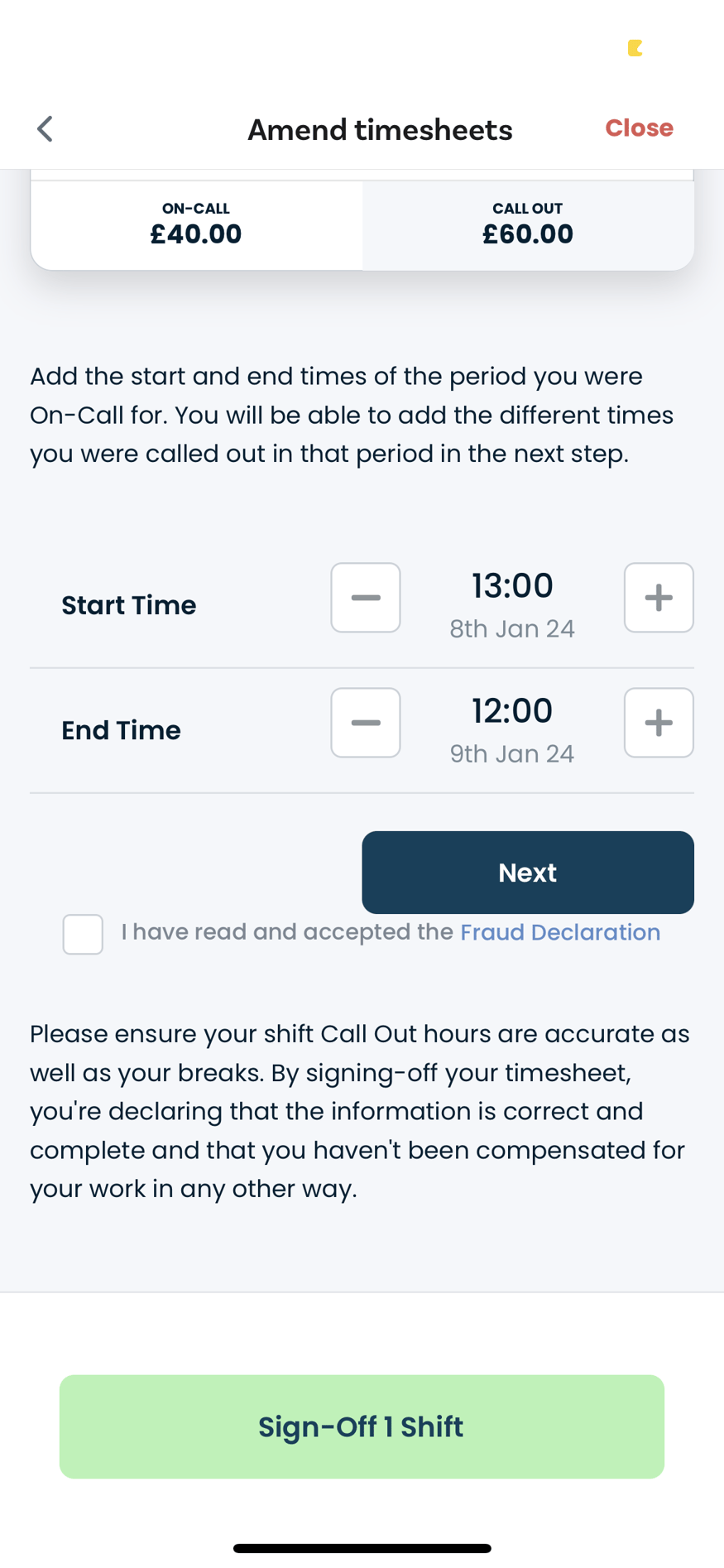 How do I request sign off for on call shifts?
