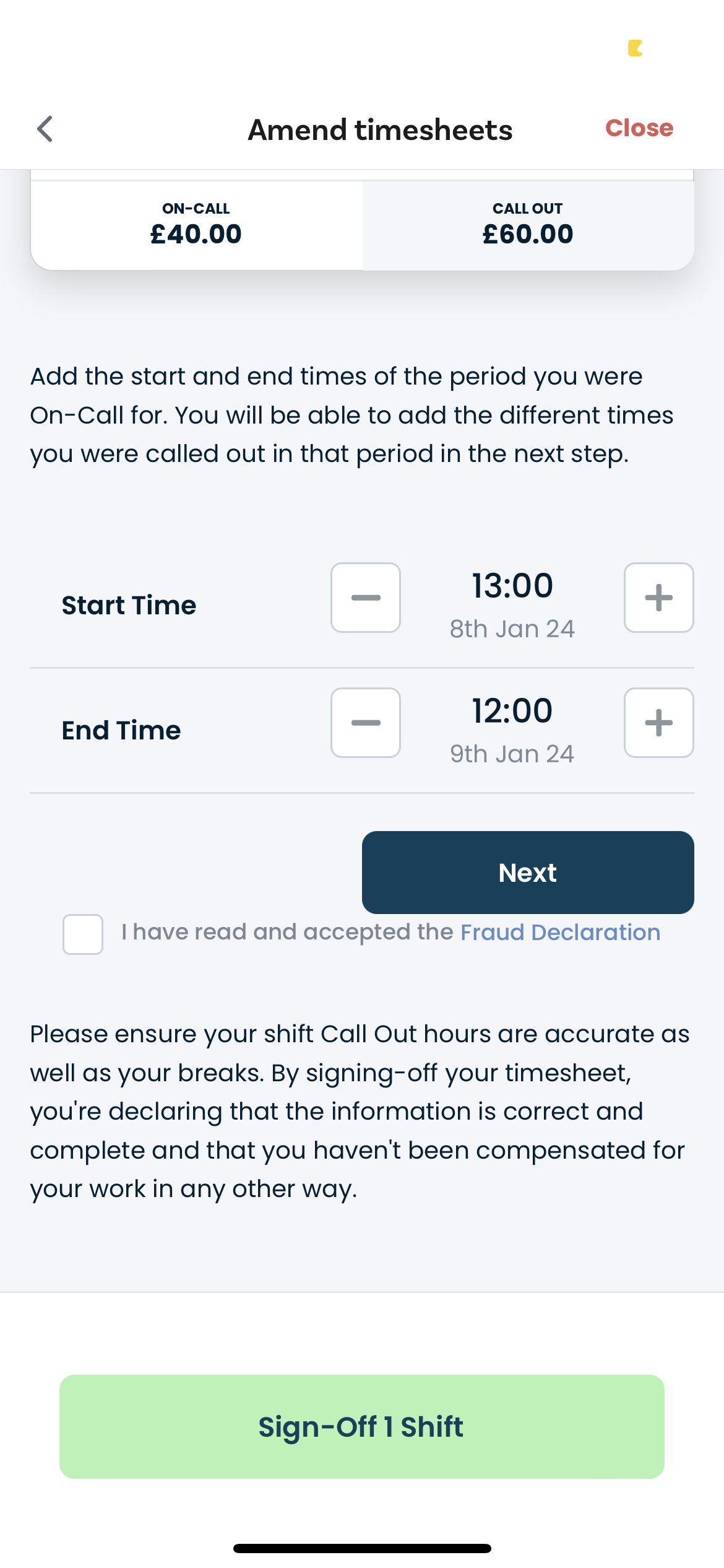 How do I request sign off for on call shifts?