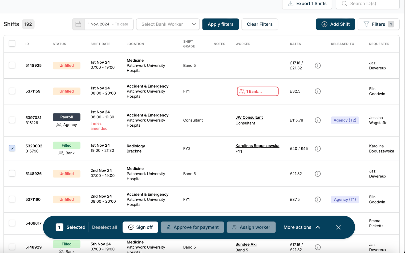 How do I sign-off a completed shift for a worker?