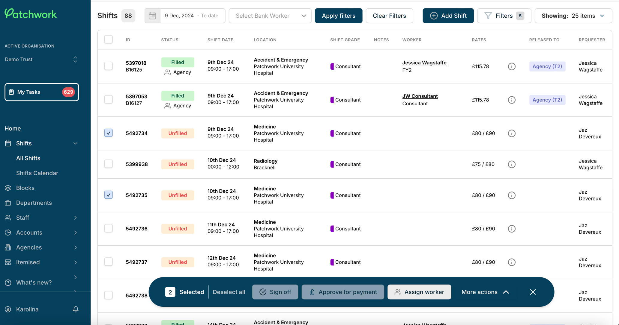 How do I assign a worker to multiple shifts at once?